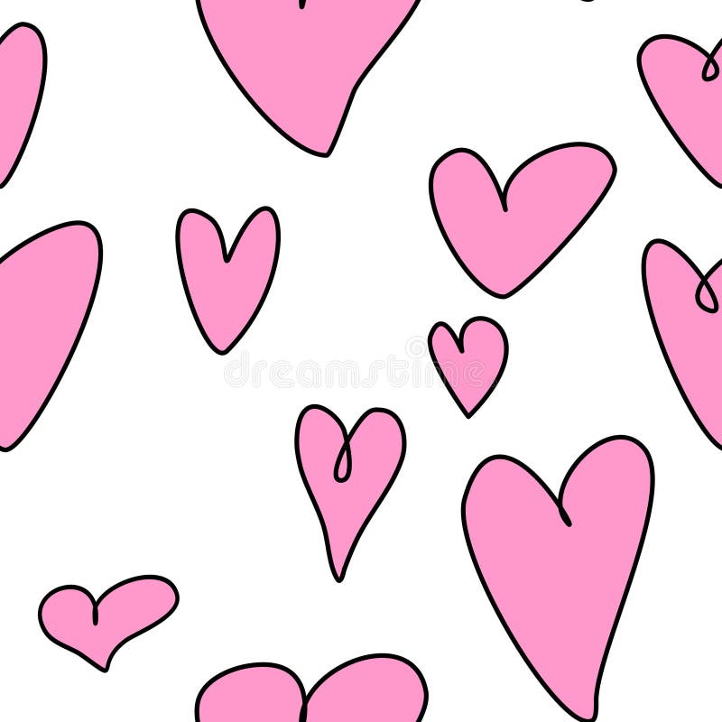 Seamless Abstract Pattern of Different Pink Contour Hearts. Hand Drawn ...