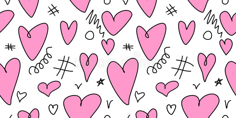 Seamless Abstract Pattern of Different Pink Hearts and Doodles ...