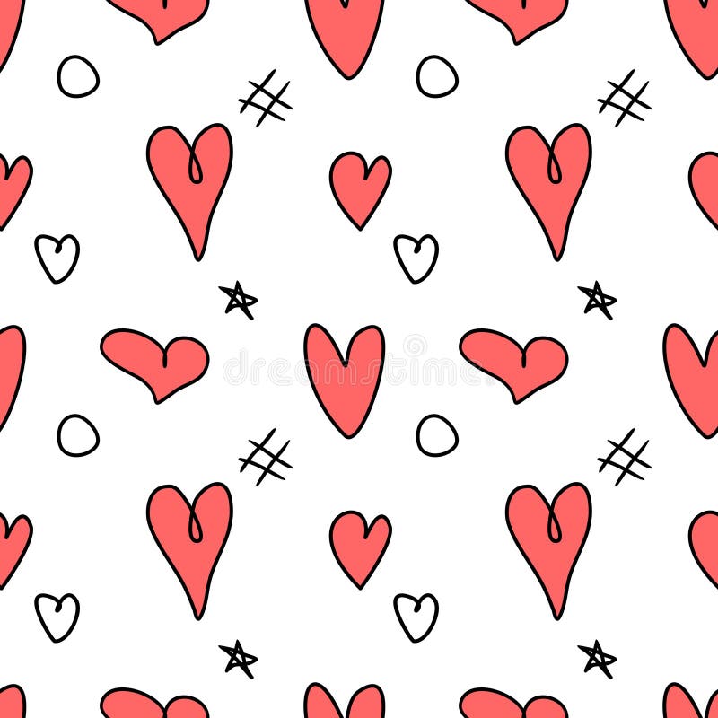 Seamless Abstract Pattern of Different Red Hearts and Doodles. Freehand ...