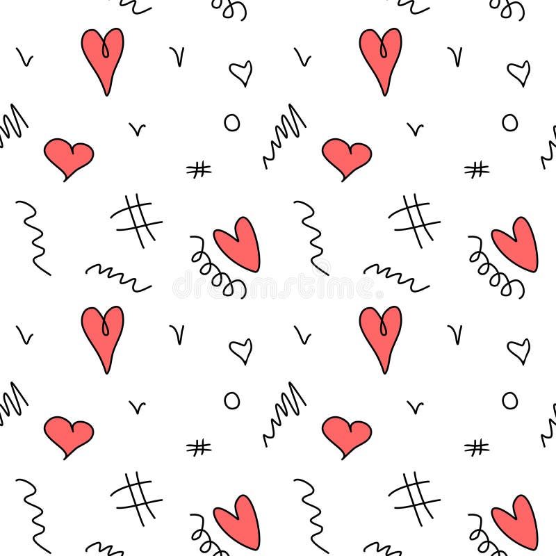 Seamless Abstract Pattern of Different Red Hearts and Doodles. Freehand ...