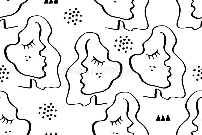 Seamless Abstract Pattern with Face. Modern Line Art Vector Background ...