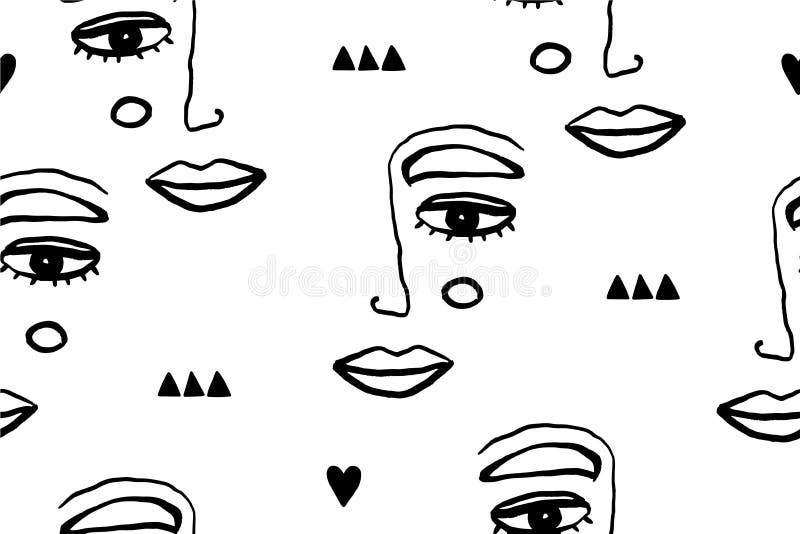 Seamless Abstract Pattern with Face. Modern Line Art Vector Background ...