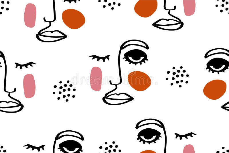Seamless Abstract Pattern with Face. Modern Line Art Vector Background ...