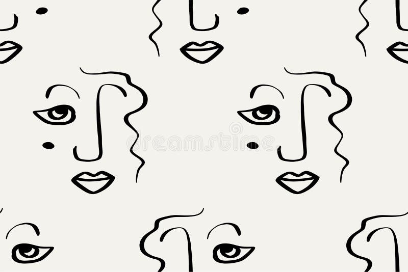 Seamless Abstract Pattern with Face. Modern Line Art Vector Background ...