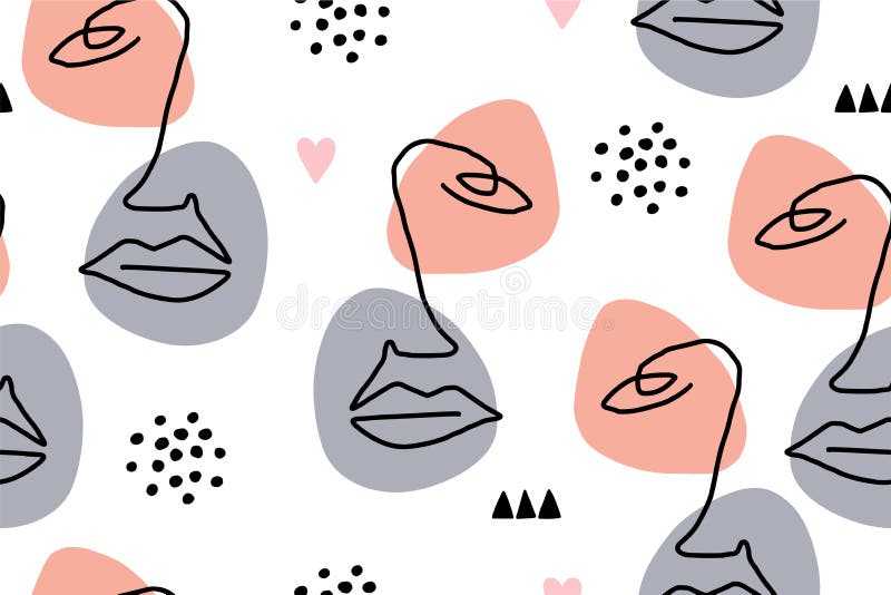 Seamless Abstract Pattern with Face. Modern Line Art Vector Background ...