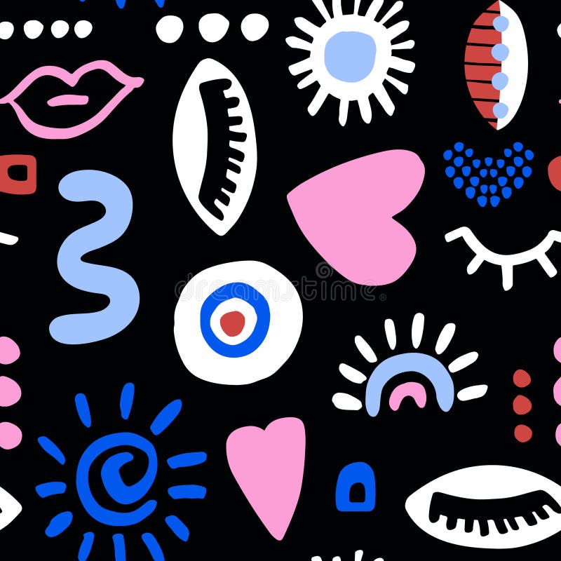 Seamless Abstract Pattern with Hand Drawn Shapes, Lips, Eye, Sun, Heart ...