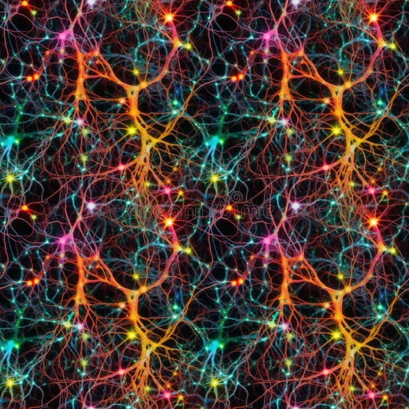 Neuron Cells with Multicolored Glowing Link Knots in Dark Space. AI ...