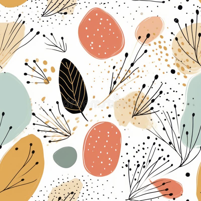 Seamless Aesthetic Pattern with Hand Drawn Abstract Leaves and Dots ...