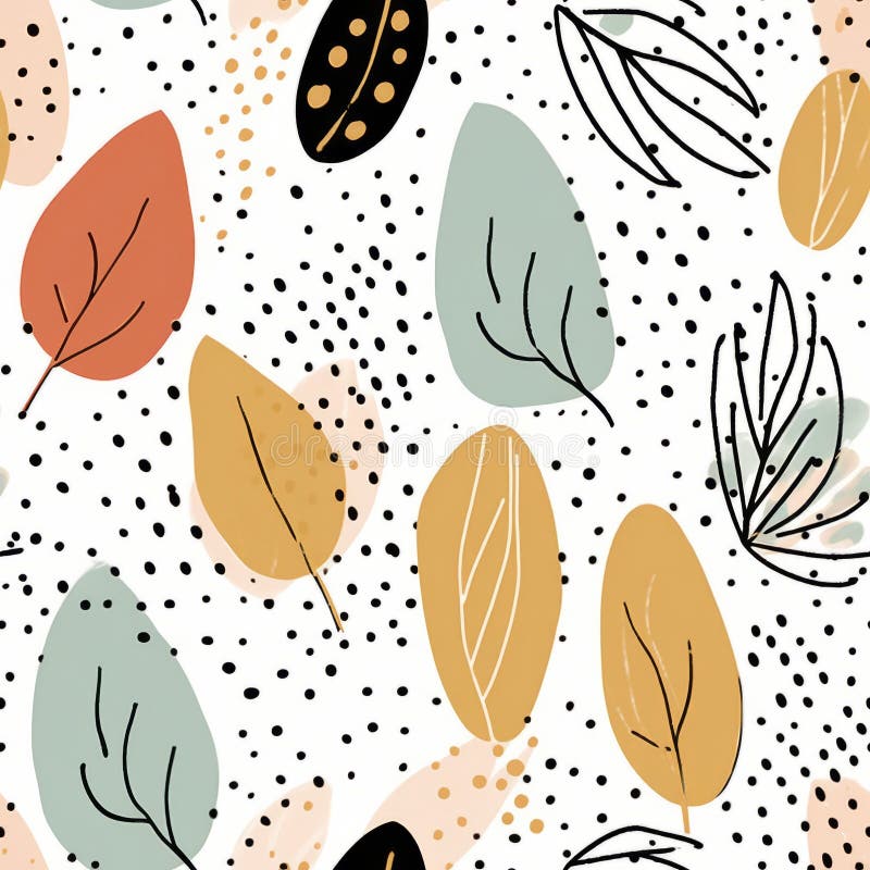 Seamless Aesthetic Pattern with Hand Drawn Abstract Leaves and Dots ...