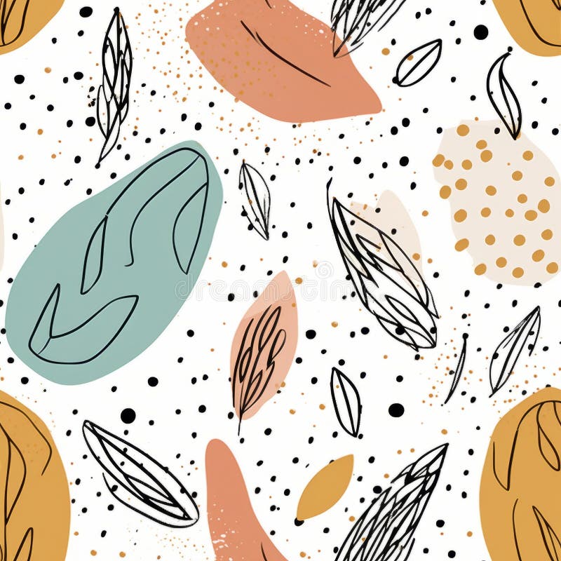 Seamless Aesthetic Pattern with Hand Drawn Abstract Leaves and Dots ...