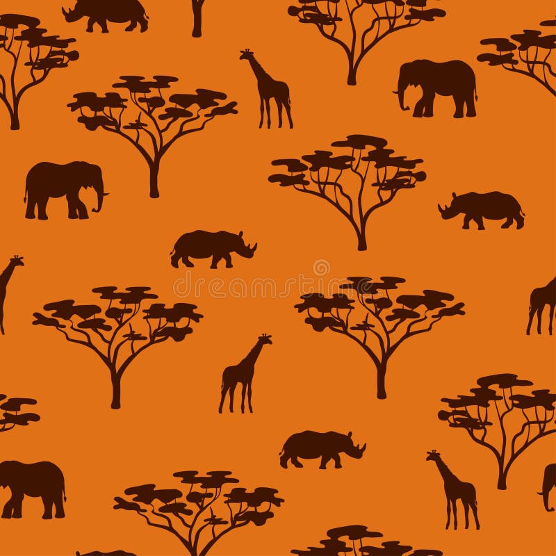 Seamless African Savannah Pattern with Silhouettes of Wild Animals ...