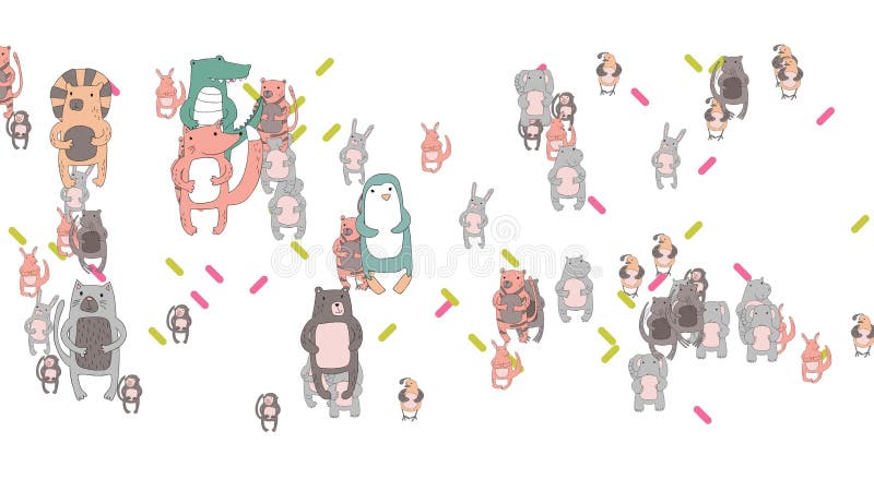 Seamless Animated Pattern with Cute Cartoon Animals on White Background ...