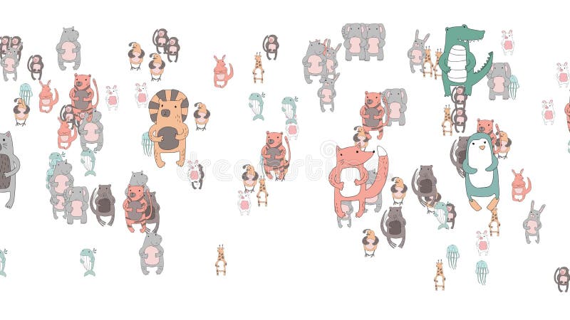 Seamless Animated Pattern with Cute Cartoon Animals on White Background ...