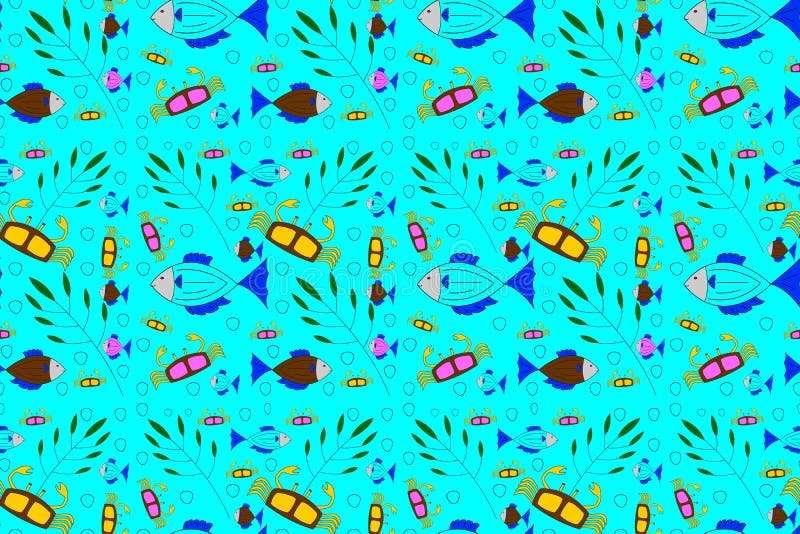 Seamless Aquatic Wallpaper Crab Fish Cyan Background Stock Photo ...