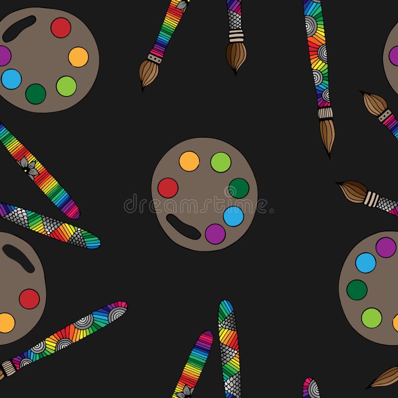 Seamless Art Tools Pattern with Colorful Brushes and Paints Stock ...