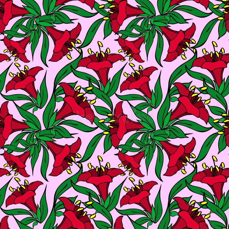Seamless Asymmetric Graphic Pattern of Red Flowers on a Pink Background ...