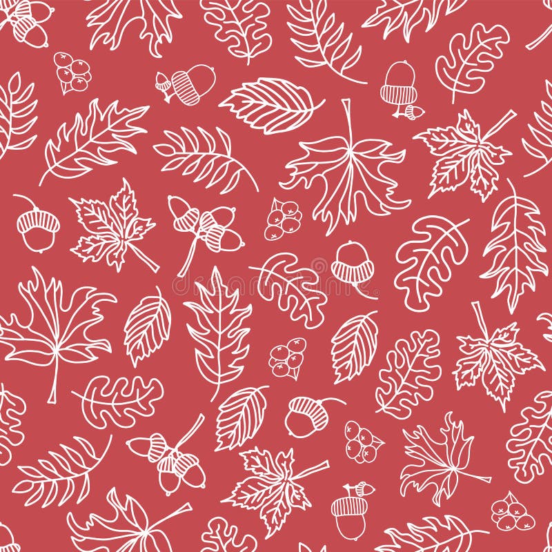 Seamless Autumn Doodle Leaves Vector Background. White Leaves on a Dark ...