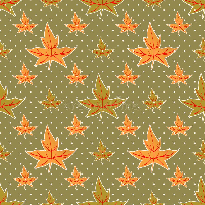 Seamless Autumn Leaves Pattern on Dotted Green Stock Illustration ...