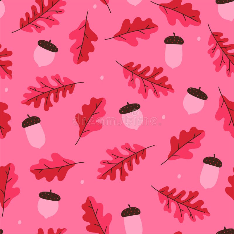 Seamless Autumn Pattern with Acorns and Oak Leaves in Pink Colors ...