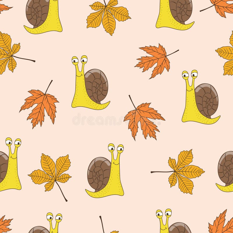 Seamless Autumn Pattern with Cartoon Snails and Maple Leaves. Stock ...