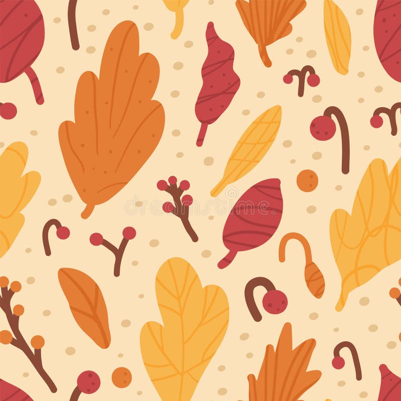 Seamless Autumn Pattern with Colorful Leaves and Berries on a Beige ...