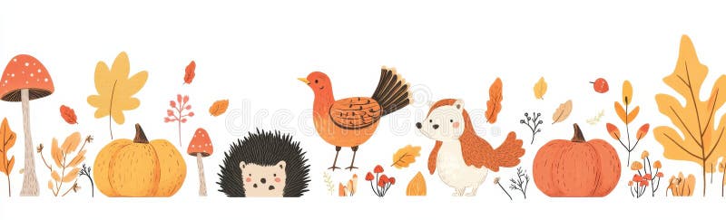 Seamless Autumn Pattern with Cute Animals and Fall Leaves Stock Photo ...