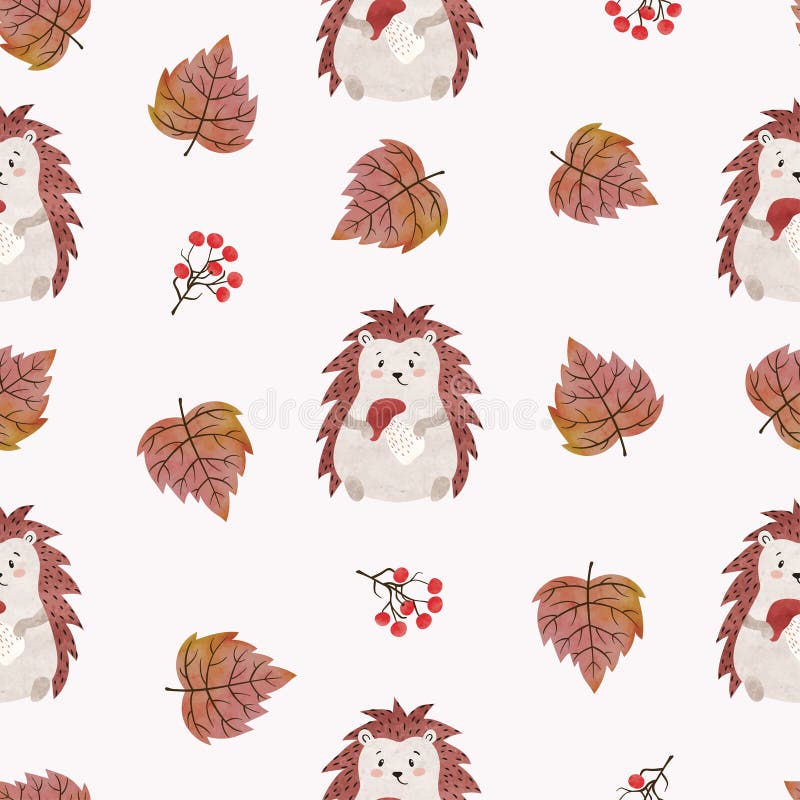 Seamless Autumn Pattern with Cute Watercolor Hedgehogs and Leaves Stock Vector - Illustration of ...