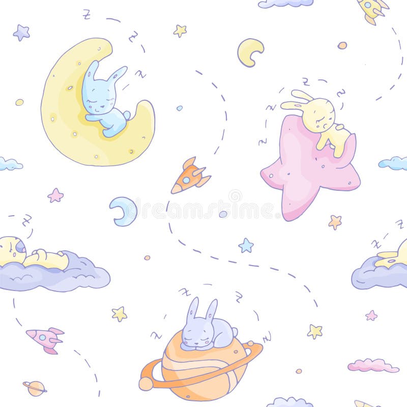 Seamless Baby Pattern Adorable Sleeping Rabbits on the Moon Stock ...