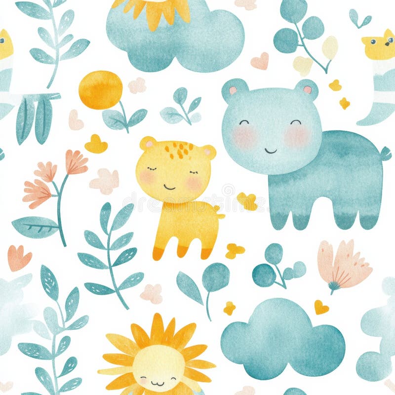 Seamless Baby Pattern Featuring Playful Animals and Whimsical Clouds ...