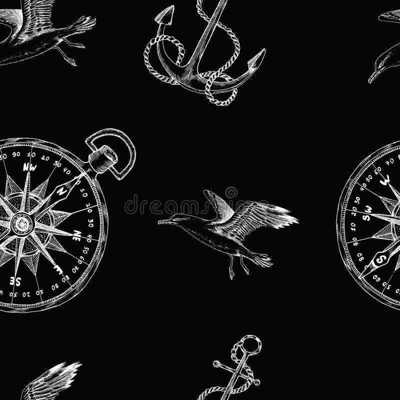 Seamless Background with Anchor, Compass and Gull Stock Vector ...