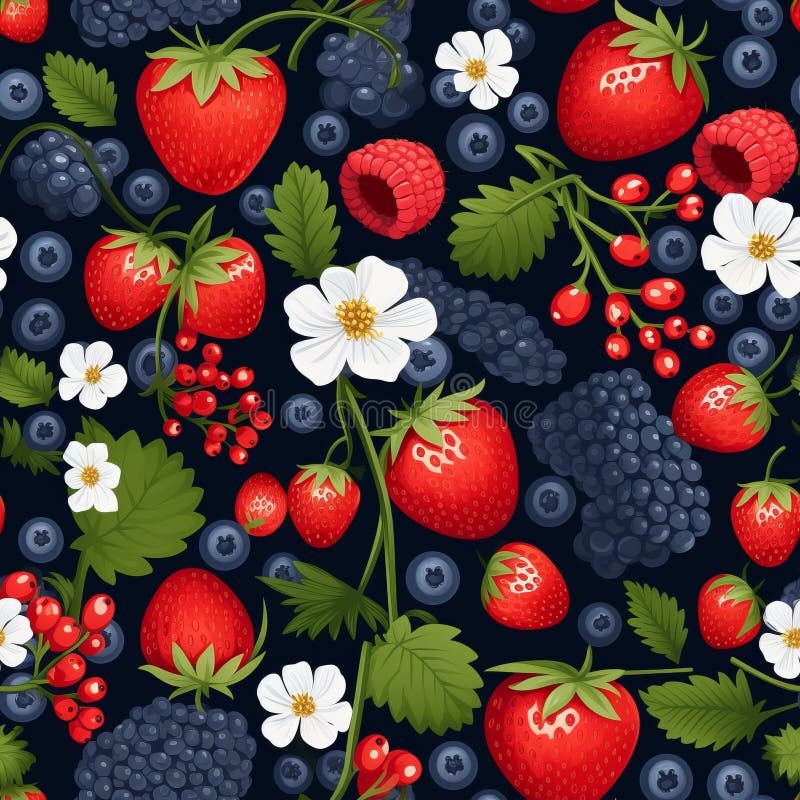 Seamless Background with Bright Image of Strawberries and Blueberries ...