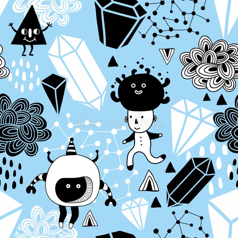 Seamless Background with Cartoon Doodle Characters and Crystals. Stock ...