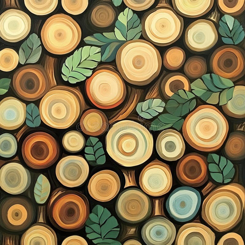 Seamless Background with Cut Tree Rings and Leaves. Vector Illustration ...