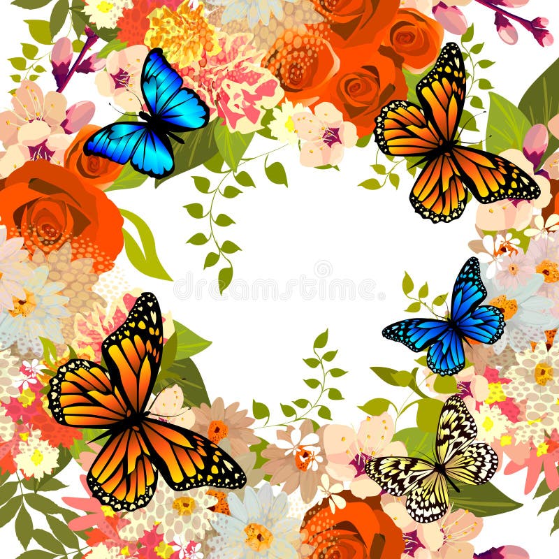 A Seamless Background with Different Flowers and Butterflies. Vector ... A Seamless Background with Different Flowers and Butterflies. Vector ...
