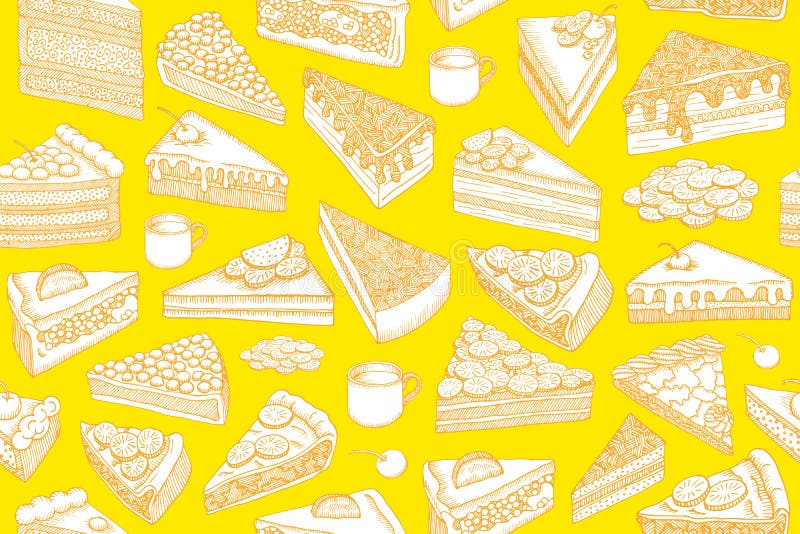 Seamless Background with Different Pieces of Cakes. Hand Drawn Stock ...