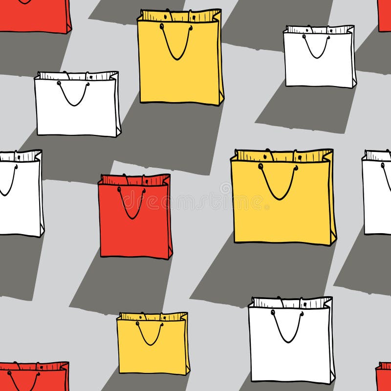 Seamless Background of Drawn Colorful Shopping Bags with Shadows Stock ...