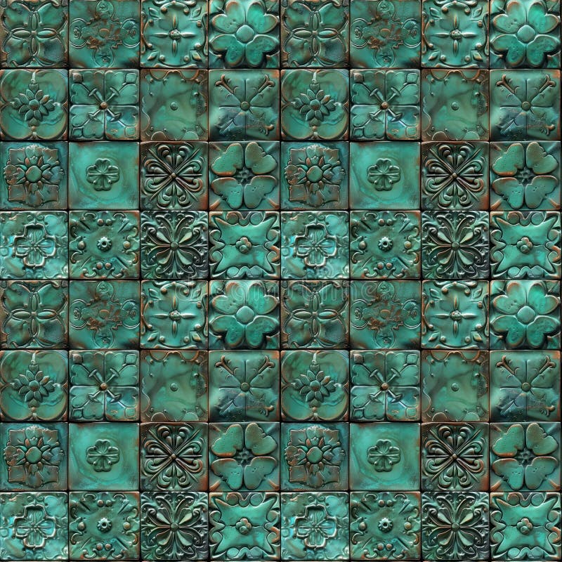 Seamless Green Embossed Tile Pattern with Geometric and Floral Designs ...