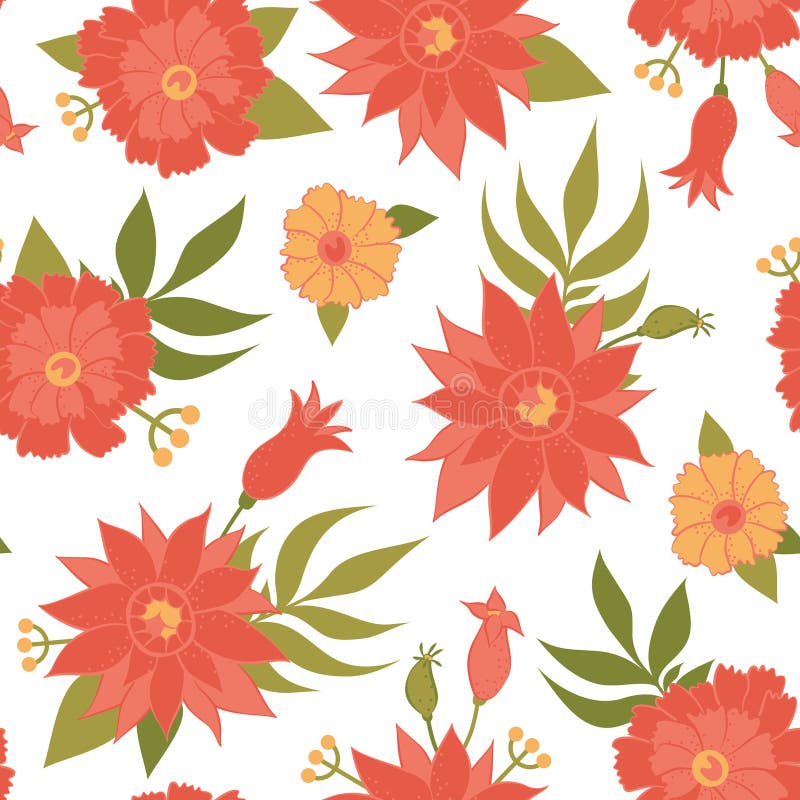 Seamless Background With Floral Ornament Red And Yellow Flowers On A