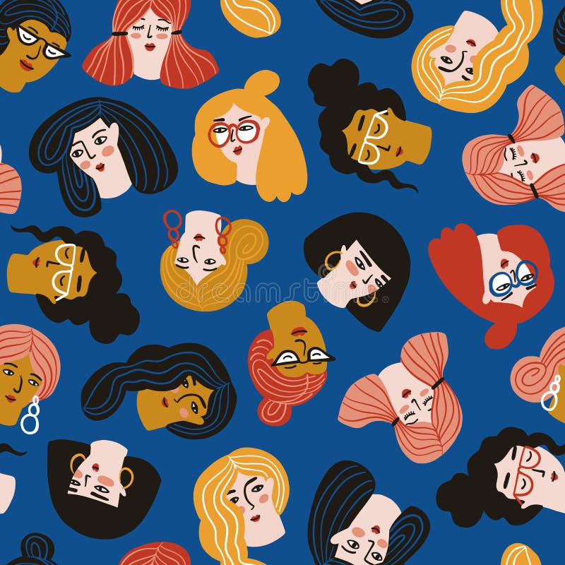 Seamless Pattern with the Group of Portraits of Young Women. Cute ...