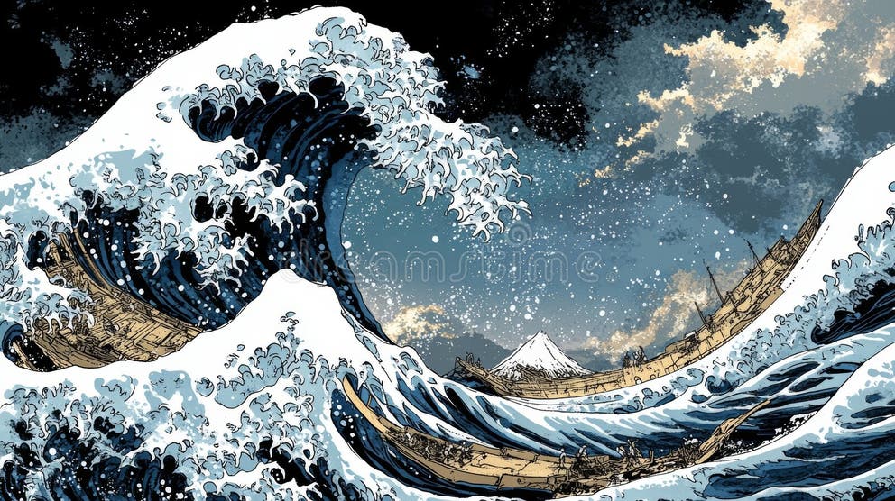 A Seamless Background Illustration Featuring a Japanese Great Wave ...