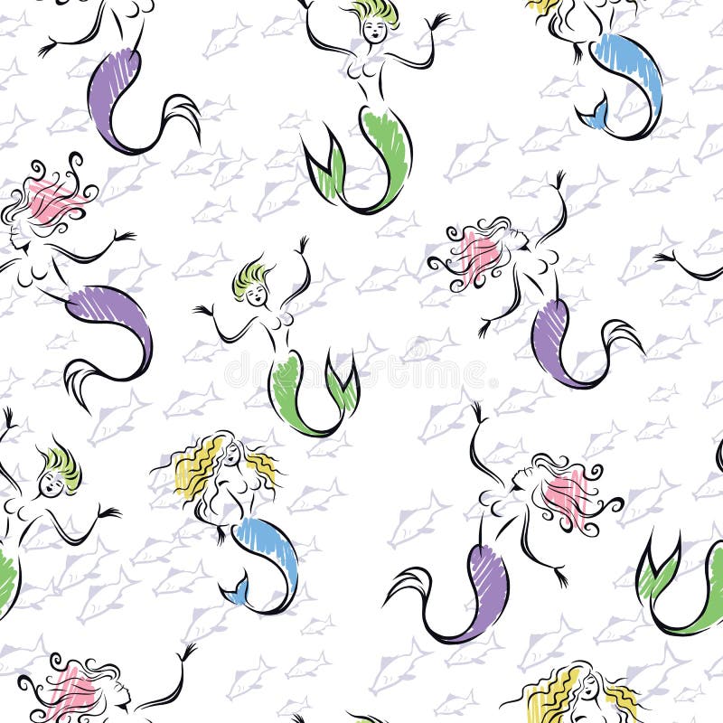 Seamless Background with Mermaids Stock Vector - Illustration of fish ...