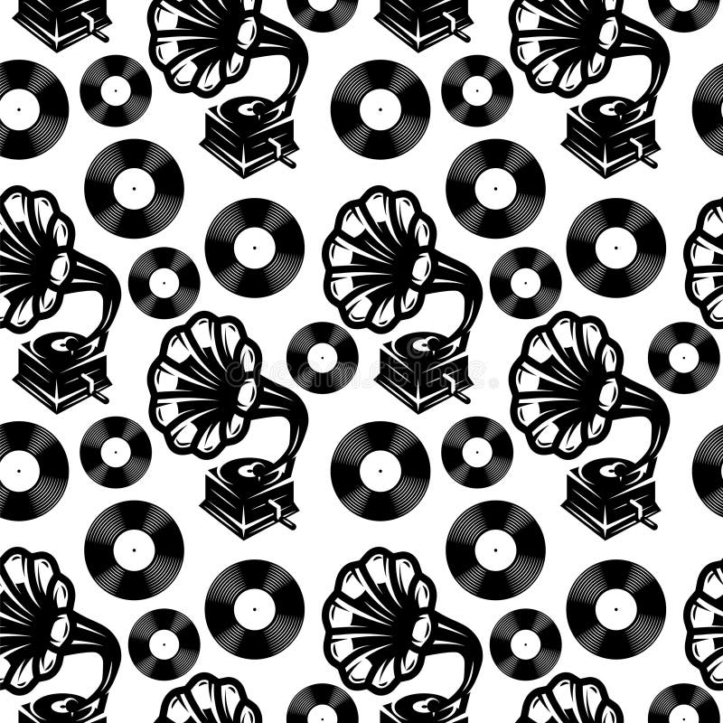 Seamless Background with Monochrome Gramophone and Vinyl Records ...