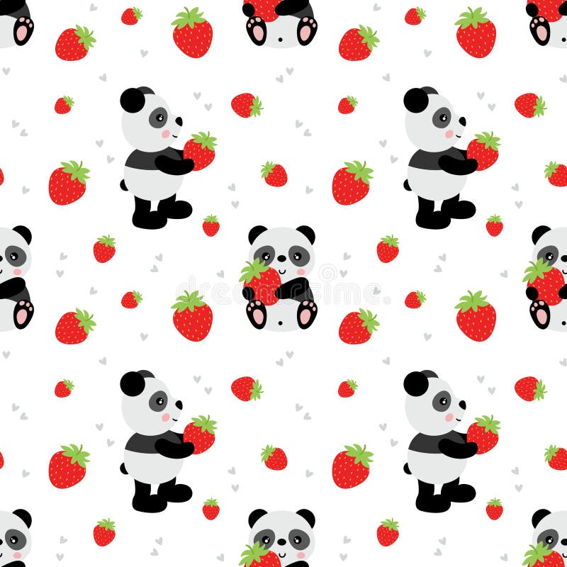 Seamless Background Pattern of Little Panda with Strawberry Stock ...