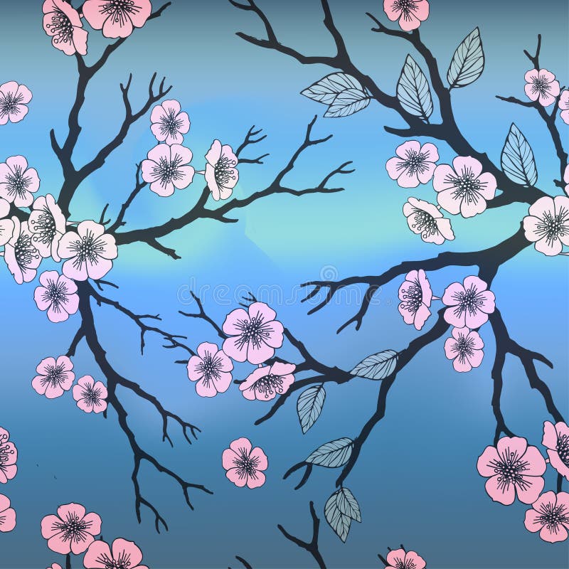 Seamless Background with Sakura Brunch and Blossoms on Blue Sky. Stock ...