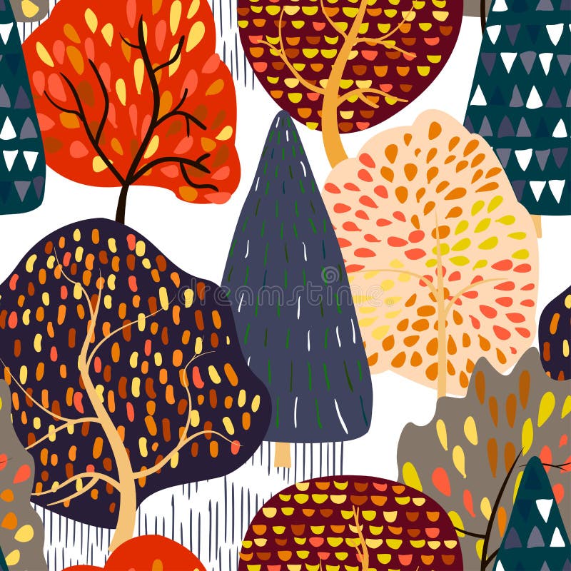 Seamless Background with Stylized Autumn Trees. Forest Bright Pattern ...