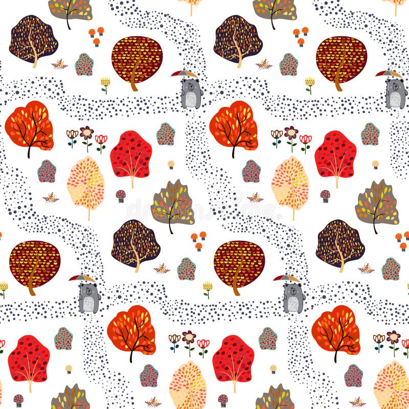 Seamless Background with Stylized Autumn Trees. Forest Bright Pattern ...