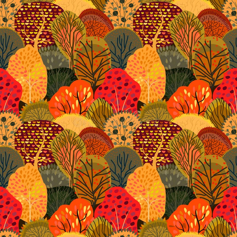 Seamless Background with Stylized Autumn Trees. Forest Bright Pattern ...