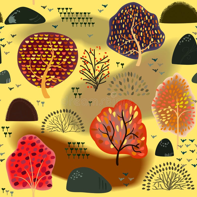 Seamless Background with Stylized Autumn Trees. Forest Bright Pattern ...