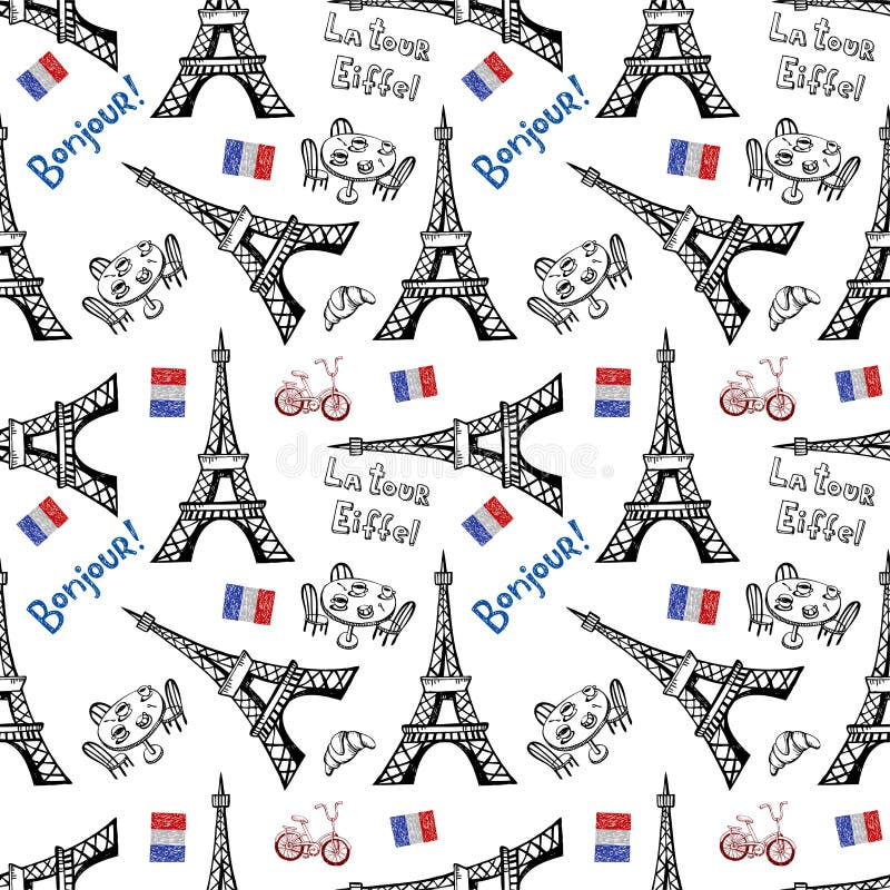 Cartoon French Culture Symbols Seamless Pattern. Stock Vector ...