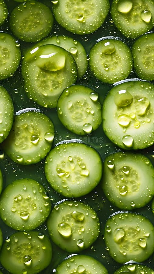 Seamless Background and Texture of Sliced Cucumbers with Drops of Water ...